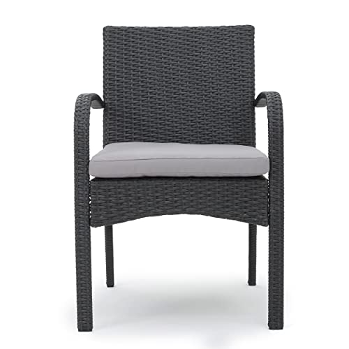 Christopher Knight Home Louise Outdoor Wicker Dining Set with Acacia Wood Table and Bench and Water Resistant Cushions, 6-Pcs Set, Sandblast Light Grey / Black Rustic Metal / Grey / Grey Cushions