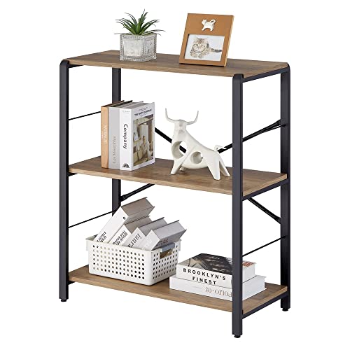 FOLUBAN Industrial Bookshelf, 3 Tier Open Book Shelf, Rustic Wood and Metal Shelving Unit for Living Room, Oak