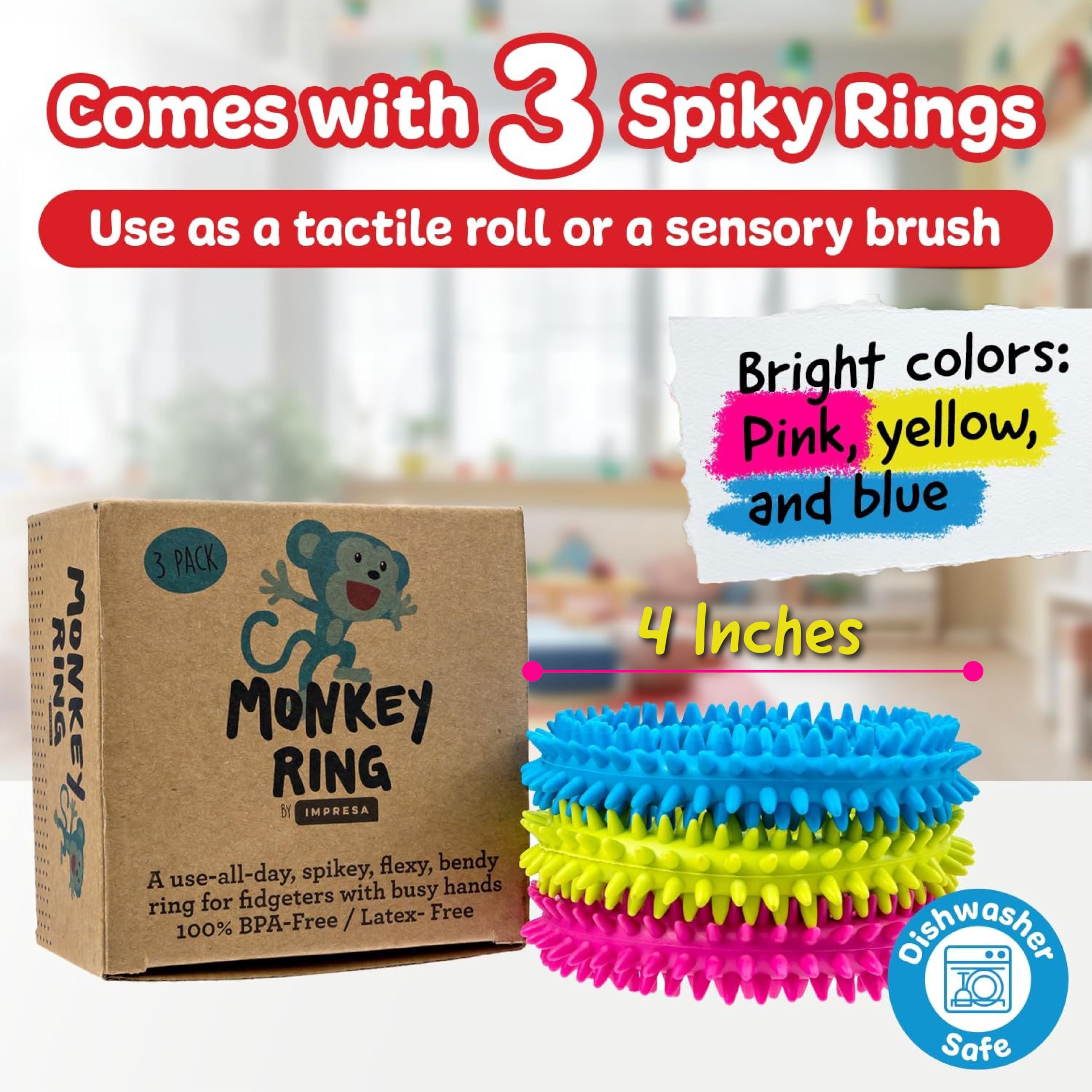 Impresa 3-Pack Spiky Sensory Rings from The Original Monkey Noodle, Fidget Bracelet for Kids with Unique Needs, Fosters Creativity, Focus and Fun-Great for Classrooms, Home & Playtime Age 3+