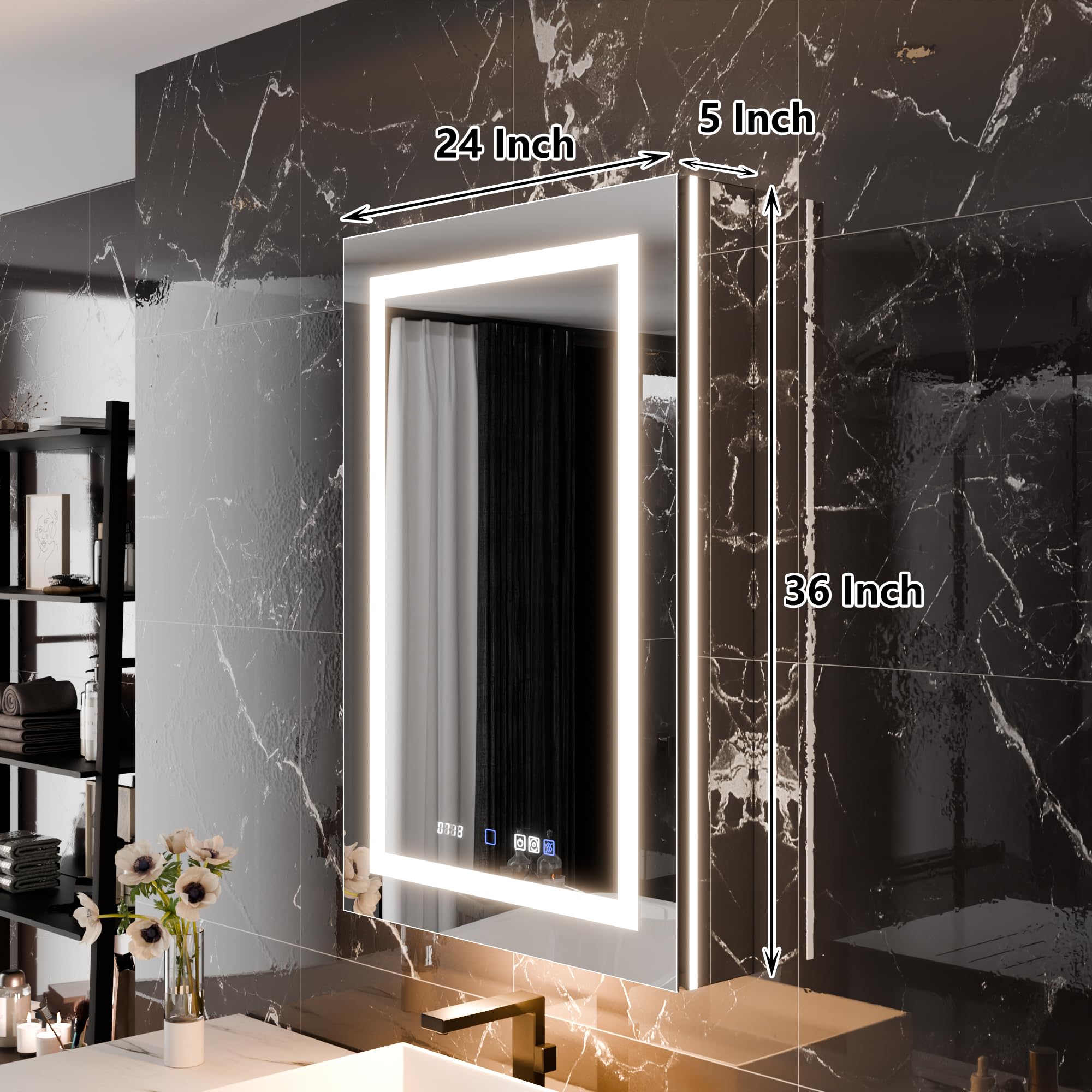 cieloshinerico Smart LED Medicine Cabinet with Mirror, 24W×36H Inch Bathroom Storage Medicine Cabinet, 3 Color Stepless Dimming & Anti-Fog, 10x Magnifier, Night Light, Right Hinge