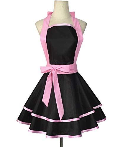 Hyzrz Lovely Handmade Cotton Retro Black Aprons for Women Girls Cake Kitchen Cook Apron for Mother's Gift (Pink)
