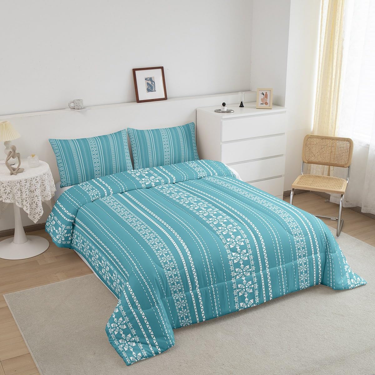 Feelyou Bohemian Comforter Full Size with 2 Pillow Cases Light Blue Boho Comforter Set Aztec Pattern Bedding Set Modern Geometric Quilted Duvet Set for Boys Girls Kids Adults