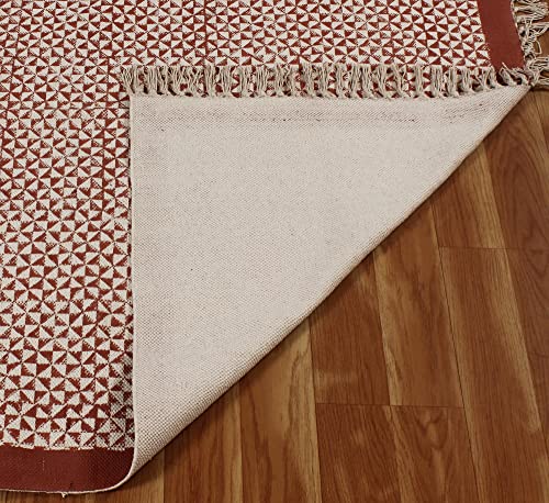 Handmade Geometric Tassel Rug Cotton Easy Washable Rugs Hand Block Printed Boho Area Rug Floor Carpet for Balcony Doormat Entryway Living Room Bedroom Hallway