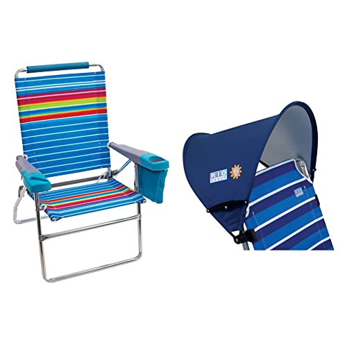 Rio Gear Beach 17" Extended Height 4-Position Folding Beach Chair -Polyester, Graphic Traffic Blue/White/Multi Stripe & Rio Beach MyCanopy Personal Chair Sun Shade, Navy