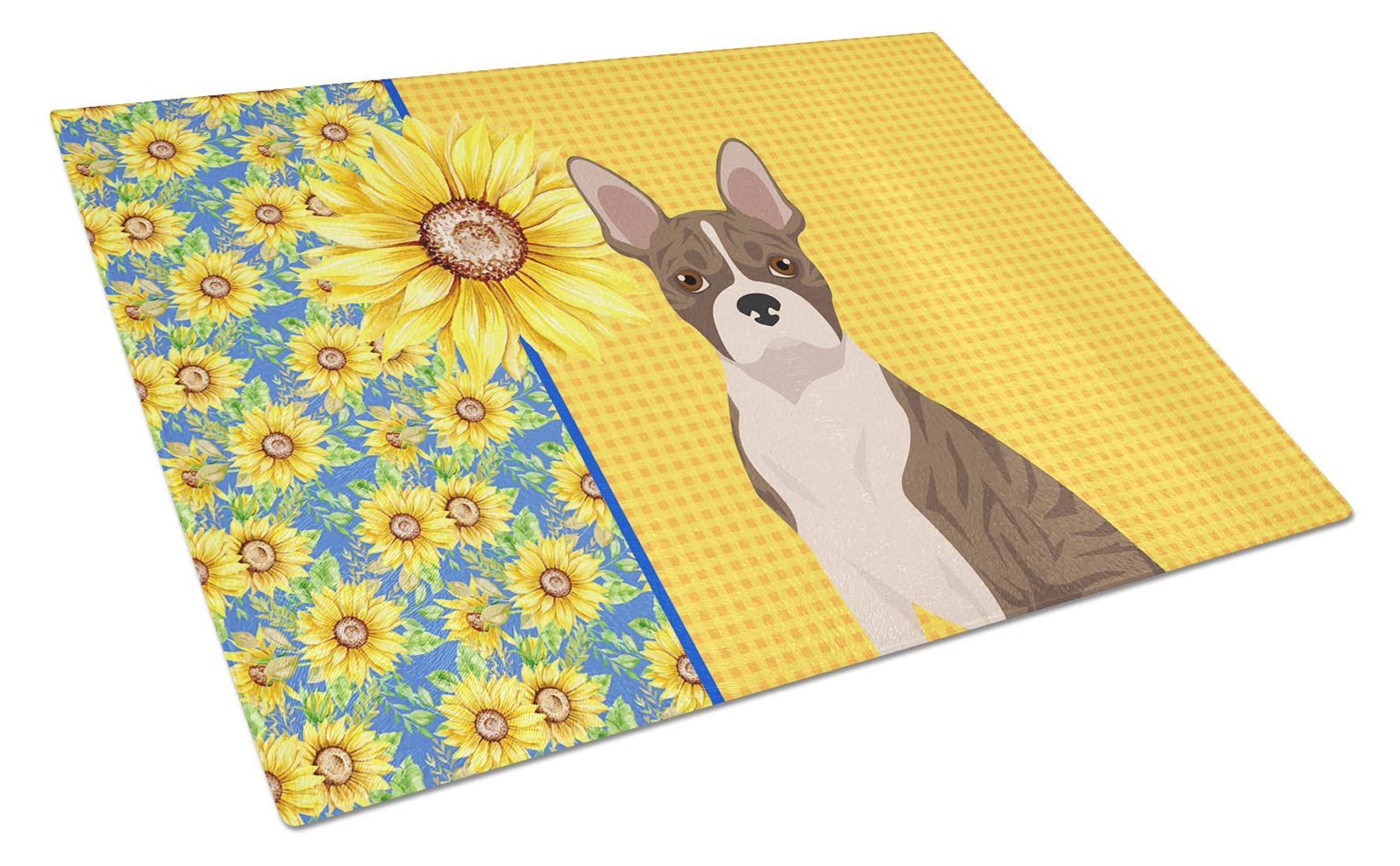 Caroline's Treasures WDK5337LCB Summer Sunflowers Brindle Boston Terrier Glass Cutting Board Large Decorative Tempered Glass Kitchen Cutting and Serving Board Large Size Chopping Board