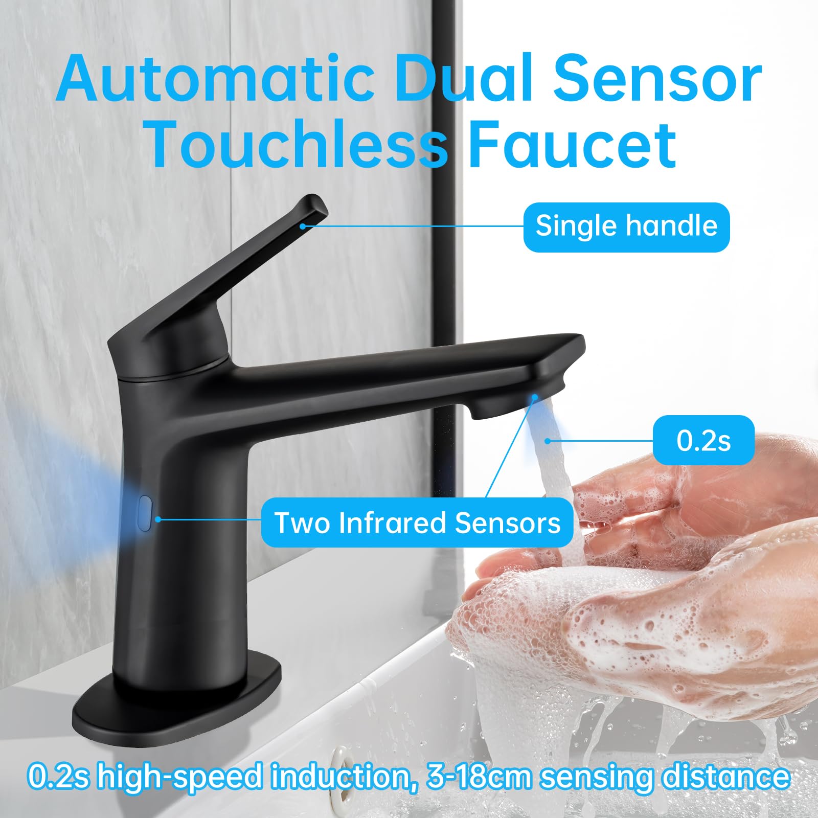GOESMO Touchless Smart Bathroom Faucet for 1 or 3 Holes, Automatic Sensor Faucet 1 Handle, Adjustable Cold & Hot Temperature & Water Flow, Short & Long Instruction Modes, Metal Matte Black Bath Faucet