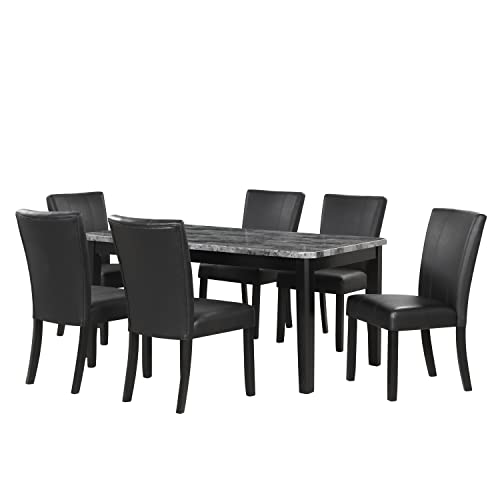 DHHU Furniture, 7-Piece Dining 1 Faux Marble Top Upholstered-Seats, Kitchen Table Set for 6, Black