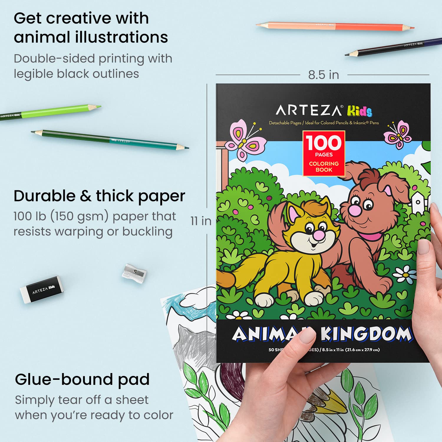 ARTEZA Kids Coloring Book and Colored Pencils Kit, Animal Kingdom Illustrations, 50 Double-Sided Sheets, 100lb Paper