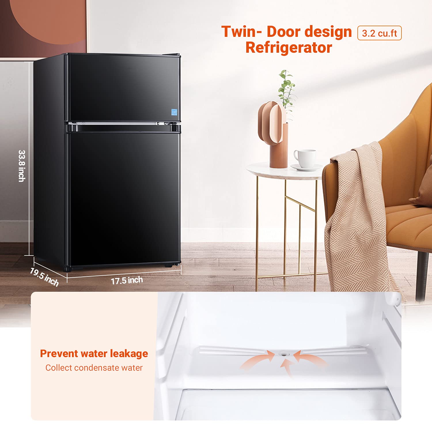 DSF Mini Fridge with Freezer, 3.2 Cu.Ft Mini Refrigerator, 2 Door, 37DB Low Noise, Engery Saving with LED Light, Low-frost Mini Fridge for Bedroom, Office, Dorm, RV, Apartment, Black- MPBFD321