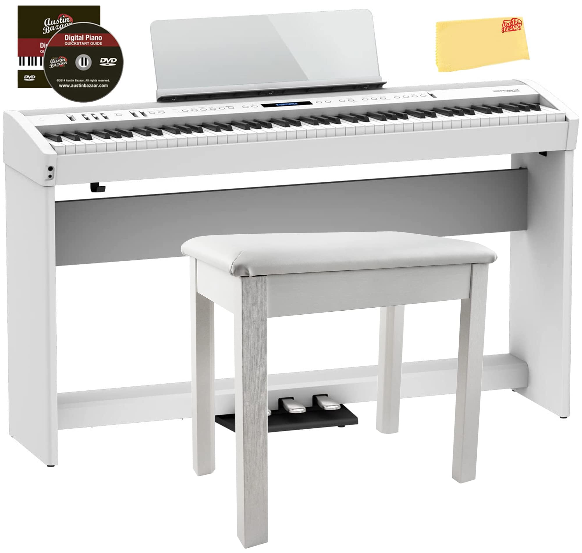 Roland FP-60X 88-Key Digital Piano - White Bundle with Roland KSC-72 Stand, Roland KPD-90 Three Pedal Unit, Bench, Instructional DVD, Online Piano Lessons, and Austin Bazaar Polishing Cloth