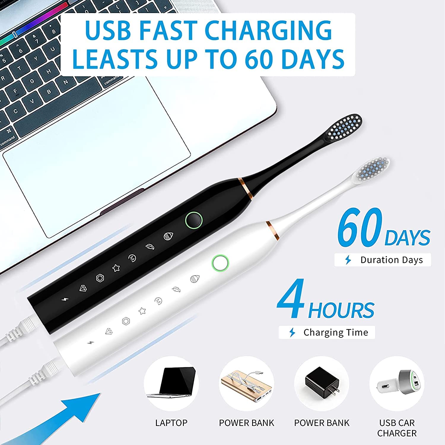 Bluvuphy 2 Pack Electric Toothbrushes Sonic Toothbrush Whitening with 8 Brush Heads, 6 Cleaning Modes and Smart Timer, for Adults Rechargeable Waterproof Cleaning Toothbrushes(Black+White)