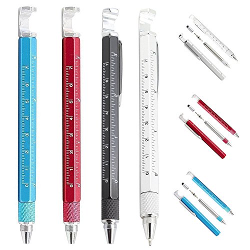 Shulaner 7 in 1 Metal Tech Tool Pen with Ruler, Bottle Opener, Phone Stand, Ballpoint Pen, Stylus and 2 Screw Driver, Multifunction Tool Fit for Men or Women, 4 Color, Pack of 4