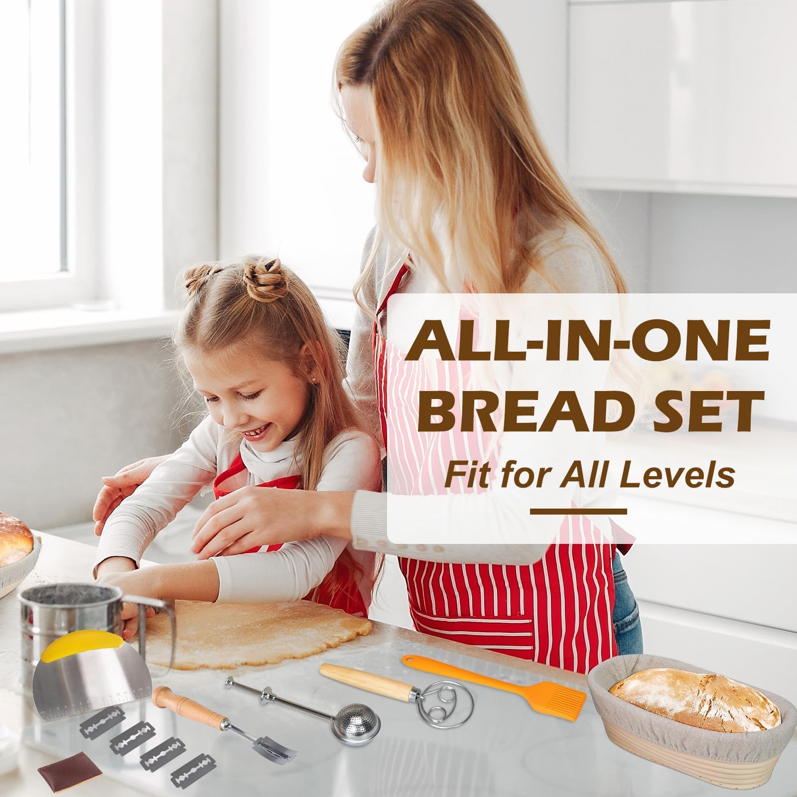 Banneton Bread Proofing Baskets, 9 Inch Round & 10 Inch Oval Sourdough Baking Basket, Complete Set for Bread Making—Bread Lame, Danish Whisk, Dough Scrapers, Flour & Sugar Sifter, Basting Brush