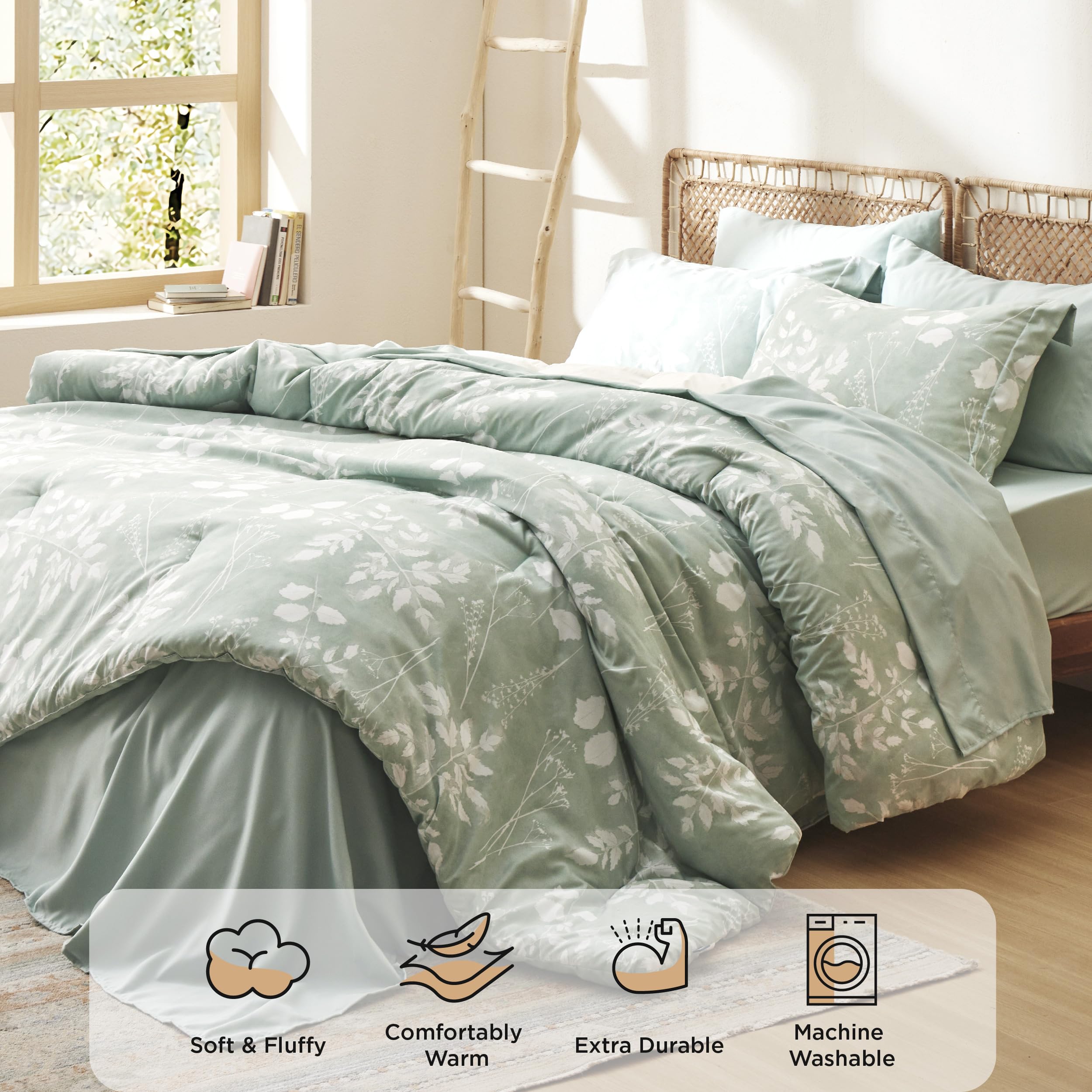 Bedsure Full Comforter Set 7 Pieces - Sage Green Quatrefoil Comforters Full Size, Lightweight Bedding Sets for All Season, Bed in a Bag with Comforters, Sheets, Pillowcases & Shams
