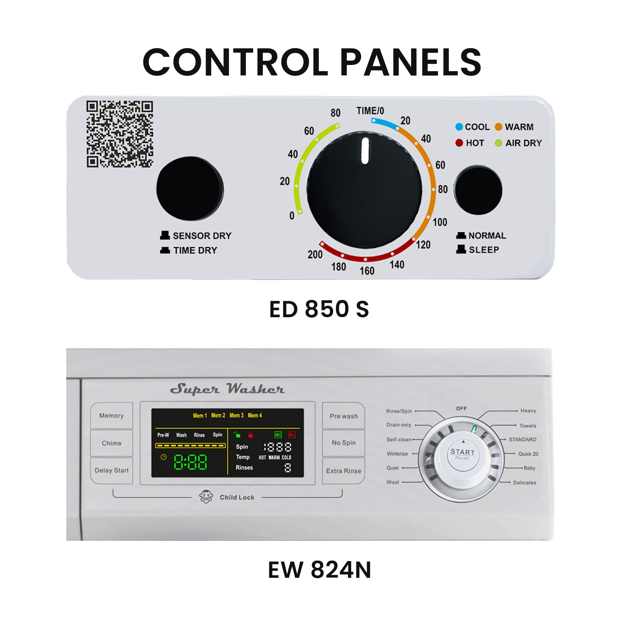 Equator 110V Compact Set Digital Washer 1.57cf + Vented Sensor Knob Dryer 3.5cf in White