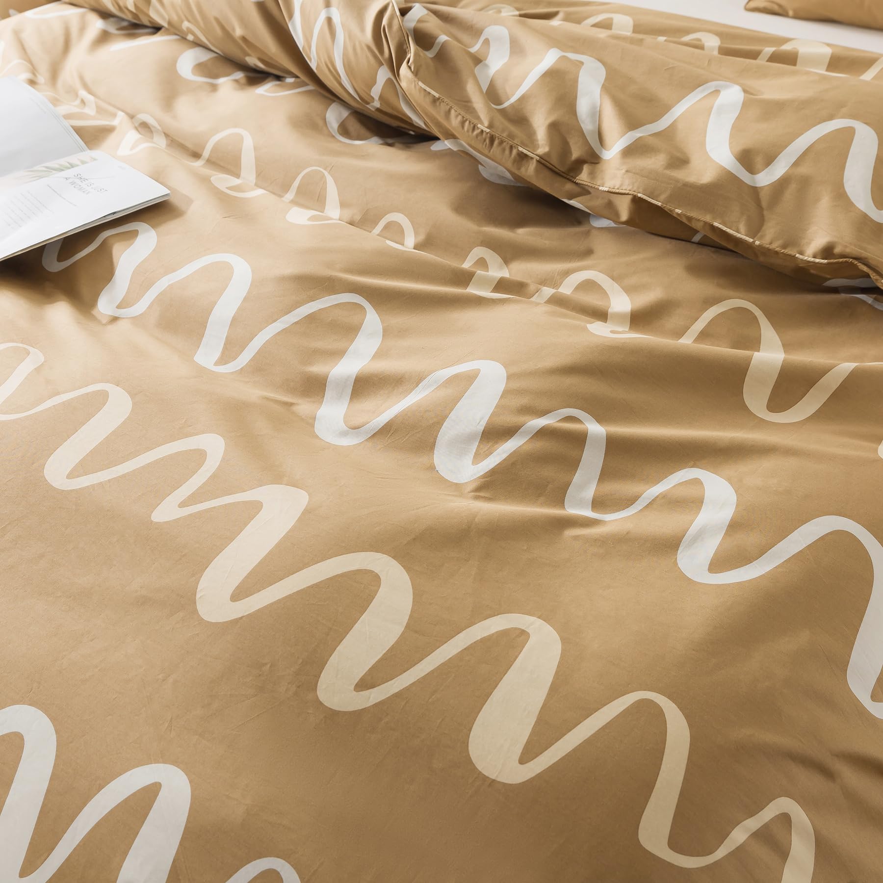 Lemfux 100% Cotton Geometric Pattern Light Brown Duvet Cover Set, Curve Print Modern Abstract Soft Comforter Cover Set with Metal Zippers, Luxury Neutral Designer Bedding Set, Full Size, 3Pcs