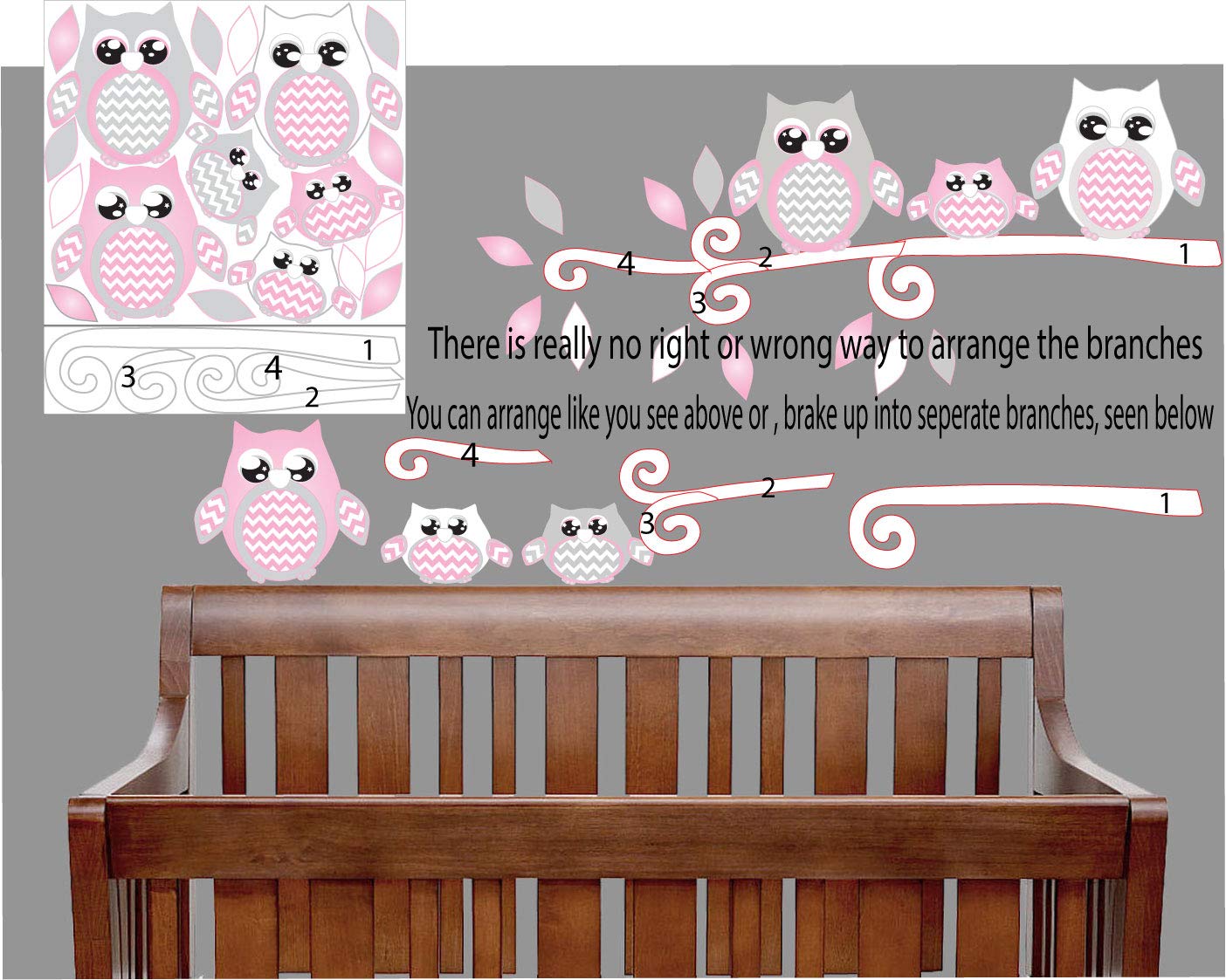 Pink Owl Wall Decals Stickers Owl Children's Nursery Wall Decor (Grey and Pink Owl Wall Decals)
