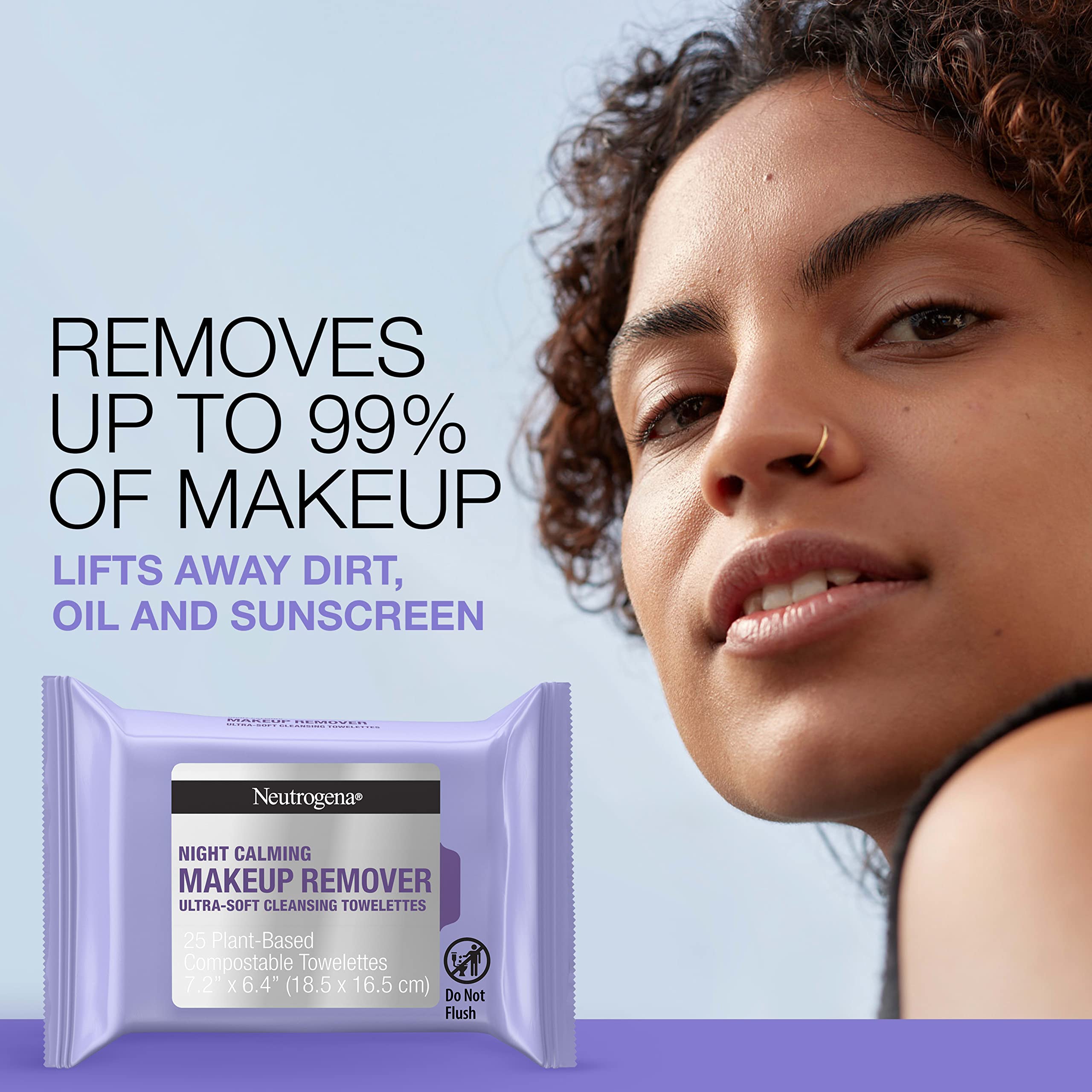 Neutrogena Makeup Remover Night Calming Cleansing Towelettes, Disposable Nighttime Face Wipes to Remove Dirt, Oil & Makeup, 25 ct