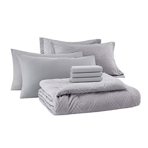 Bedsure Queen Size Comforter Set - 7 Pieces Jacquard Crease Comforter Bedding Set. Bed in a Bag with 1 Comforter, 1 Flat Sheet, 1 Fitted Sheet, 2 Pillowcases & 2 Shams,Grey Bedding Comforter Set