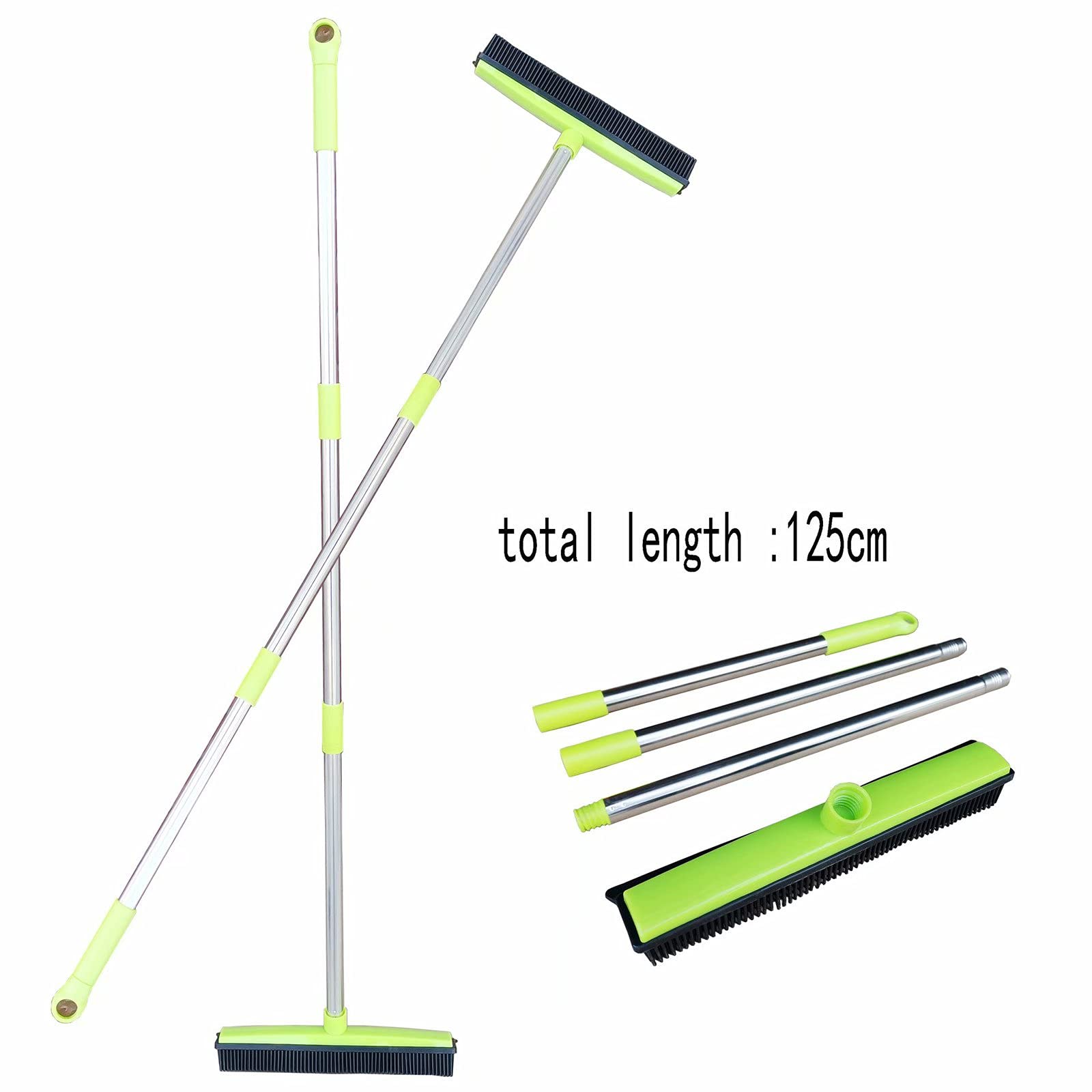 Carpet Hair Removal Broom with Squeegee, Rubber Floor Broom Carpet Rake, Adjustable Long Handle 49" Length for Pet Cat Dog Hair Carpet Hardwood Tile Windows Clean Water Resistant