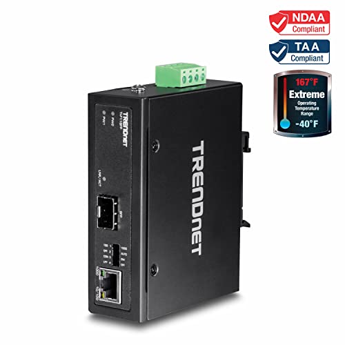 TRENDnet Hardened Industrial 100/1000 Base-T to SFP Media Converter, DIN-Rail and Wall Mount Hardware Included, Multi Or Single Mode Fiber, Power Supply Sold Separately, Black, TI-F11SFP