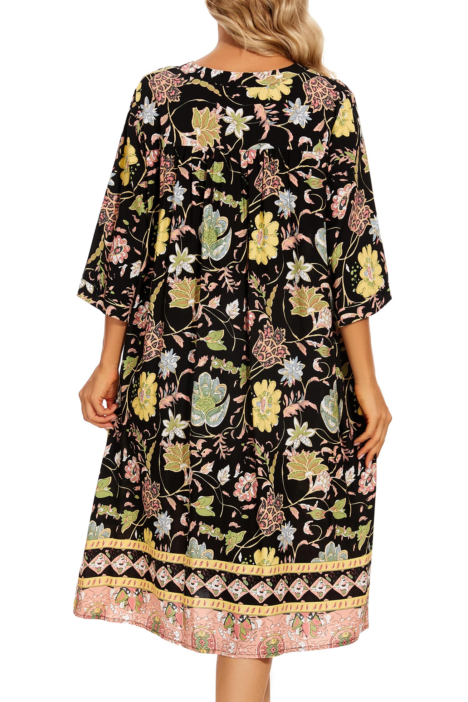 AVIIER House Dress Womens 3/4 Sleeve Floral Print Nightdress with Pockets (Black Flower, Large)