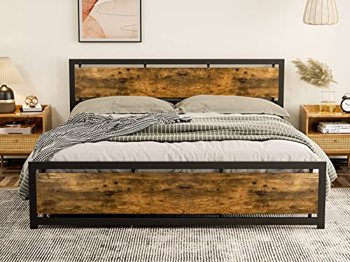 IKIFLY Industrial Metal King Size Bed Frame/Farmhouse Metal Platform Bed with Wooden Headboard Footboard/Heavy Duty Steel Slats Support/No Box Spring Need, Easy Assembly(King, Rustic Brown)