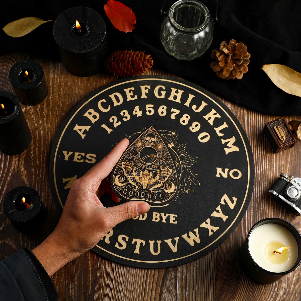 Keithwood 11.5’’ Black Spirit Board with Planchette Handmade Black Talking Board Game Spirit Board for Spirit Hunt, Witch Craft, Occult Practice - Magic Crystal Ball Pentagram Star in Hands