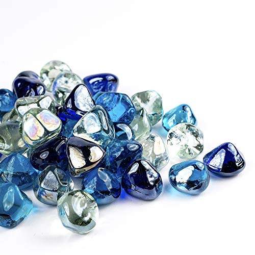 Chilli Cosmos Fire Glass Diamond 1 InchFire Pit Glass Rocks for Propane or Gas Fire Pit (10 Pounds White/Cobalt Blue/Margarita Azura Blue Blend) Gift Package