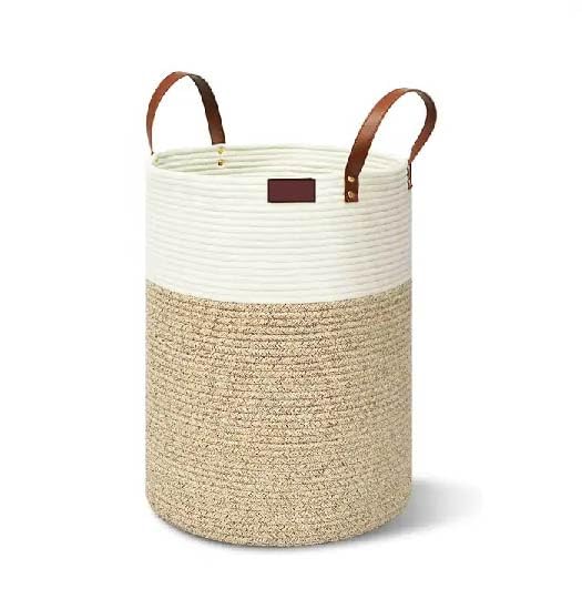 Woven Rope Laundry Basket with Leather Handles - Versatile Woven Rope Storage Basket for Blanket, Toy In Living Room, Bathroom, Bedroom - 58L White & Brown