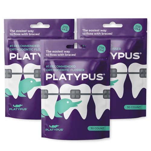Platypus Orthodontic Flossers for Braces, 30 Count (Pack of 3), Ortho Picks for Adults & Kids, Fits Under Arch Wire, Non-Damaging, Encourage Flossing Habits