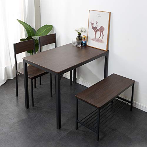 DlandHome Dining Table Set, Kitchen Table Set Breakfast Table Set, 4 Piece Kitchen Dining Room Table Sets with 2 Chairs and 1 Bench, Kitchen Coffee Table Set Modern Table Set