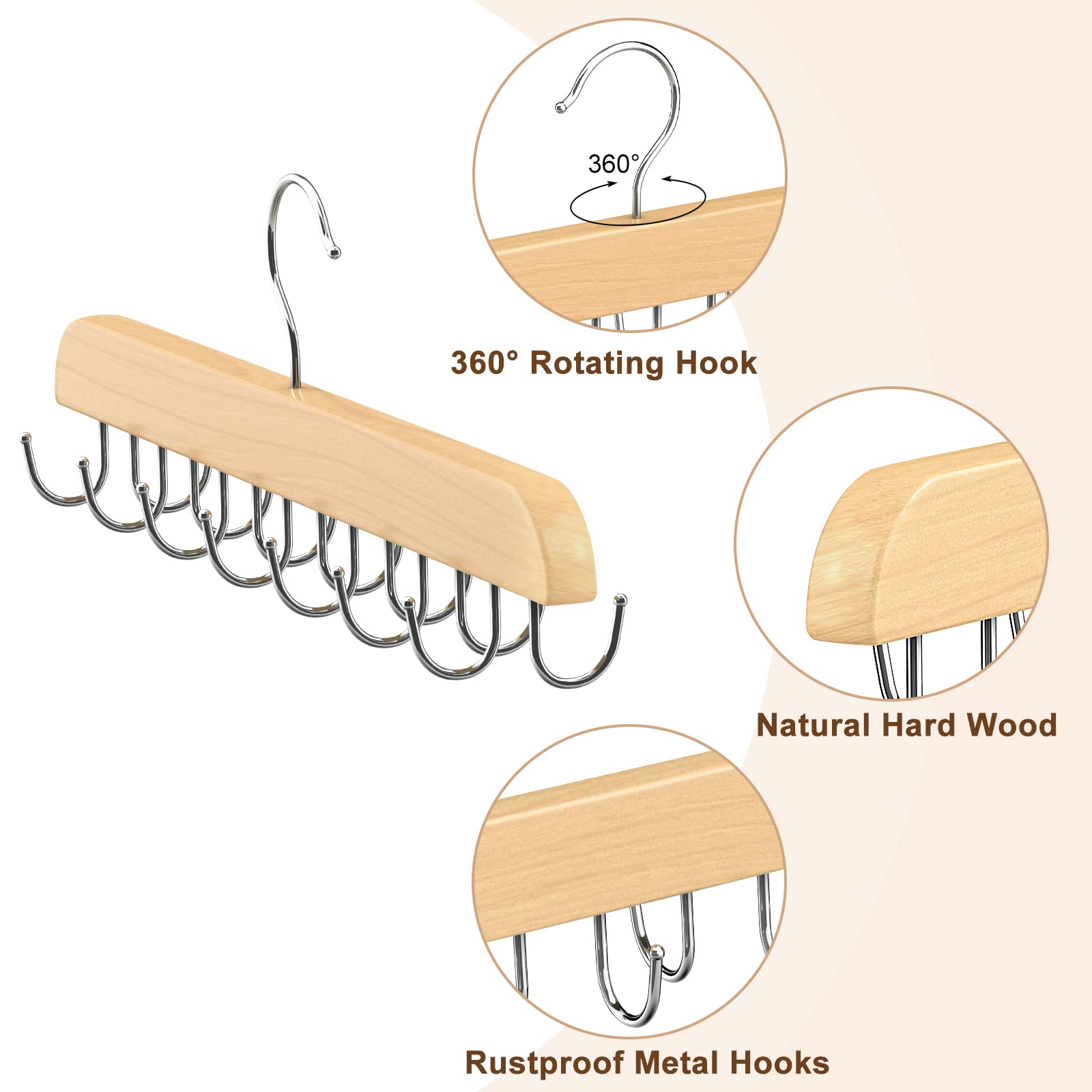 Resovo Belt Hanger for Closet, Sturdy Wood Belt Rack Closet Accessories with 14 Hooks Belt Organizer for Closet Organizers and Storage Max 42 Belts-Wood 1 Pack