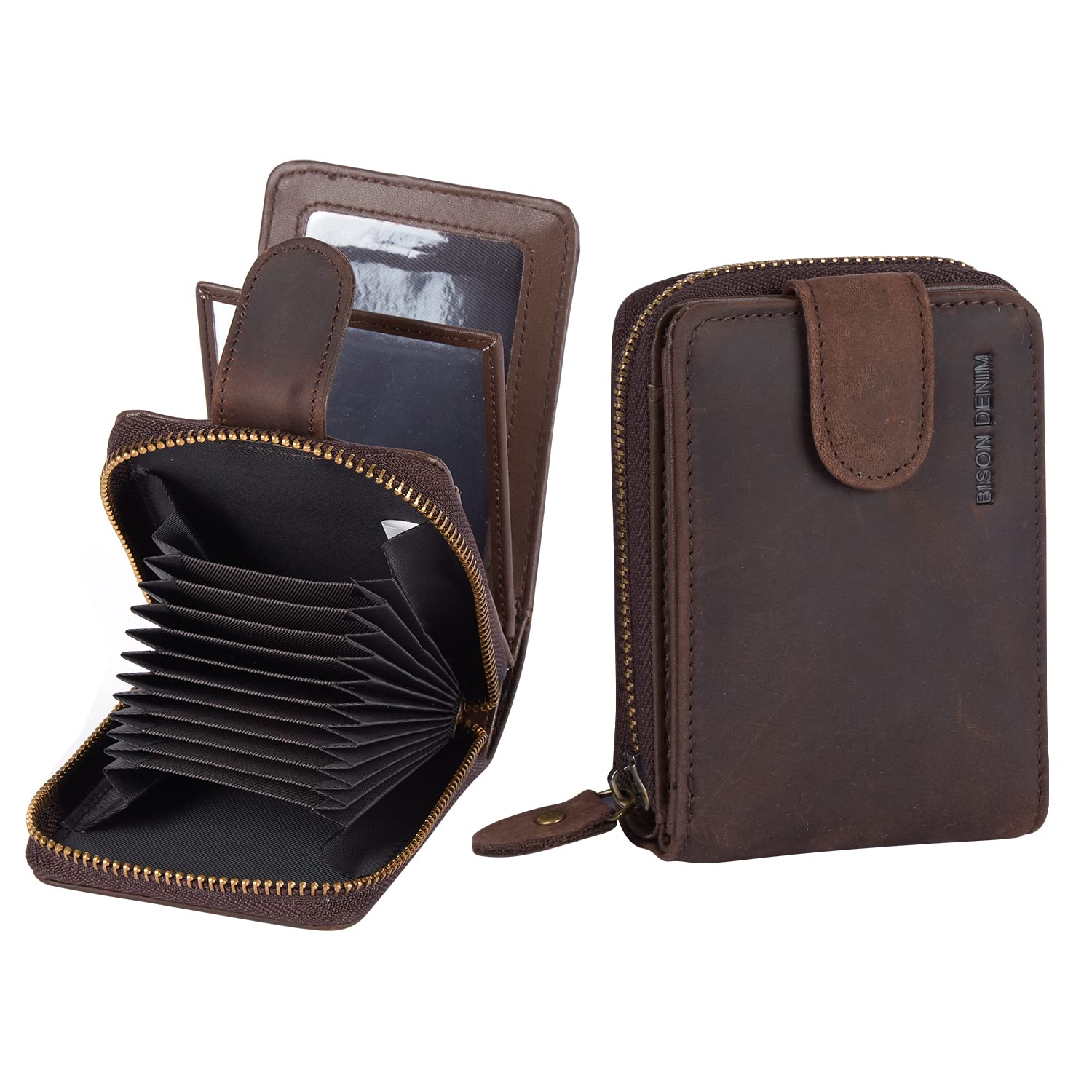 BISON DENIM Card Case Wallet Leather Pocket Wallet RFID Blocking Credit Card Organizer Zip Card Holder for Women Men (Crazy Horse Coffee)