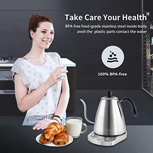 CUSIMAX Gooseneck Kettle, 1000W Electric Kettle 1L, Variable Kettle with 6 Temperatures Pour Over for Drip Coffee and Tea, Stainless Steel Kettle with Auto Keep Warming and Boil-Dry Protection