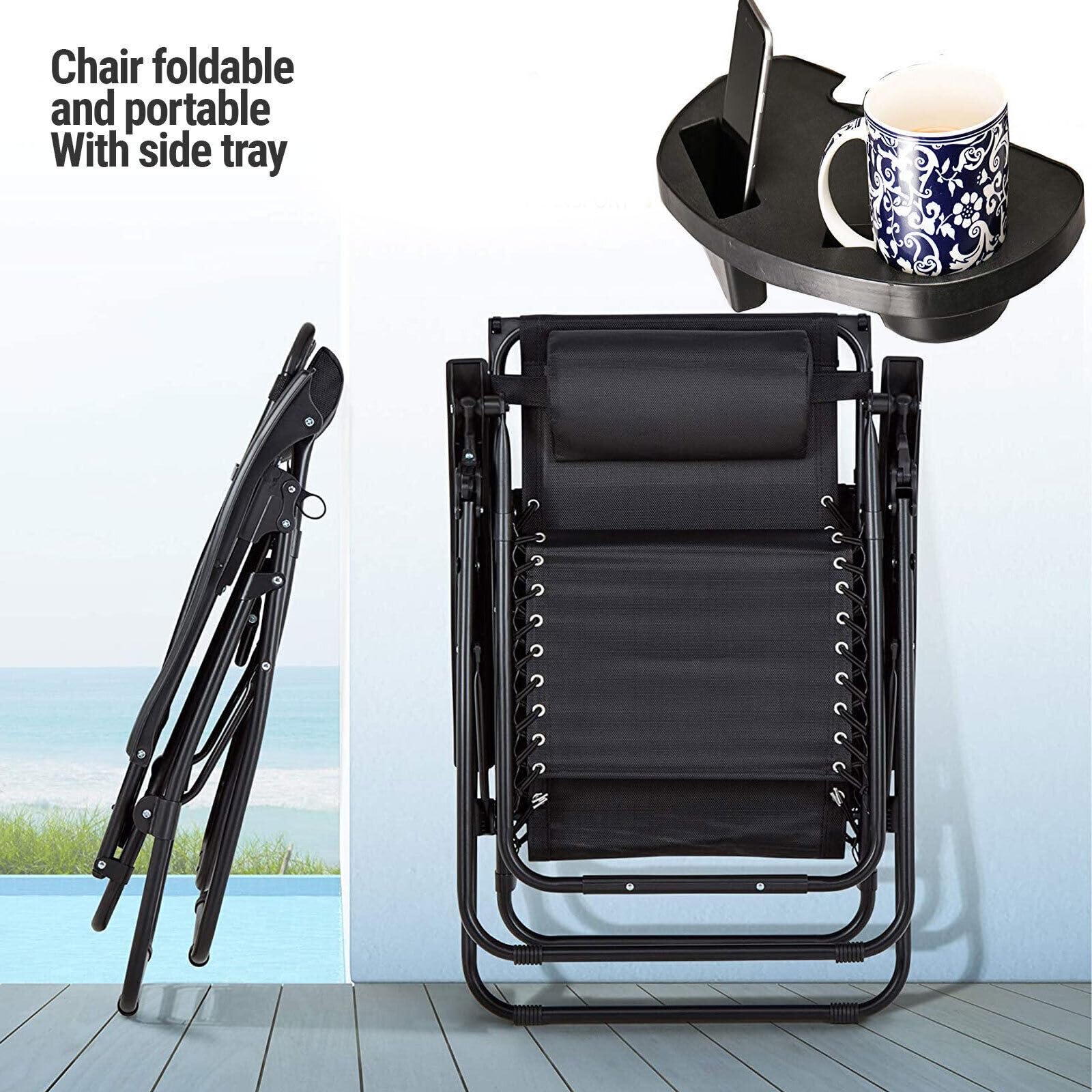 CYCLONE SOUND Adjustable Zero Gravity Folding Reclining Lounge Chair with Pillow,Anti-Gravity Chair for Indoor & Outdoor, Folding Reclining Chair w/Side Tray