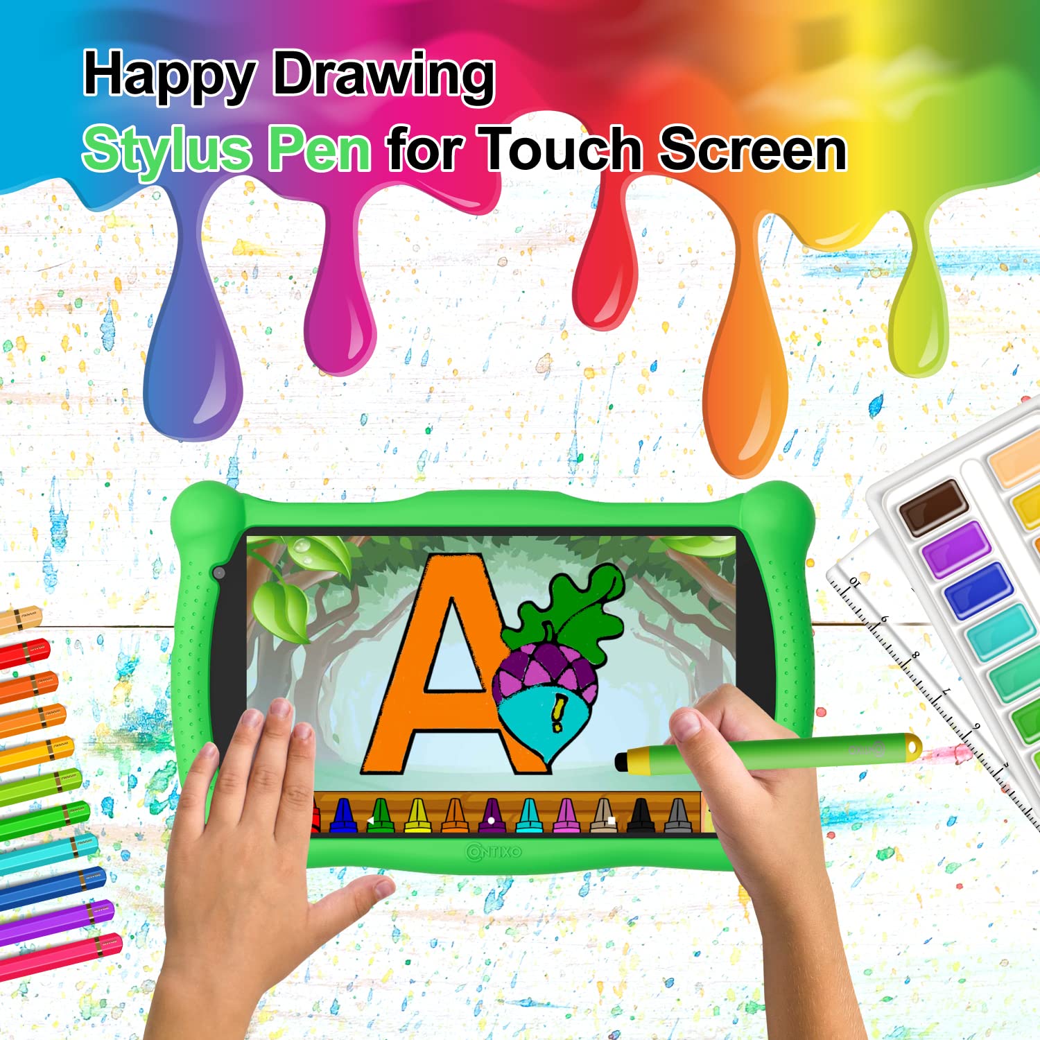 Contixo Kids Tablet V10, 7-inch HD, Ages 3-7, Toddler Tablet with Sleeve Bag Bundle, Learning Tablet Set for Children - Green