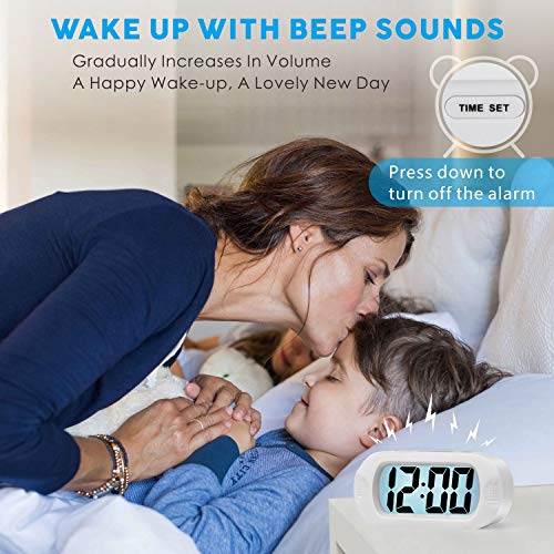 Plumeet Digital Alarm Clock Travel Clock with Snooze and Nightlight - Easy to Set Simple Bedside Alarm Clocks for Kids - Ascending Sound - Battery Powered (White)