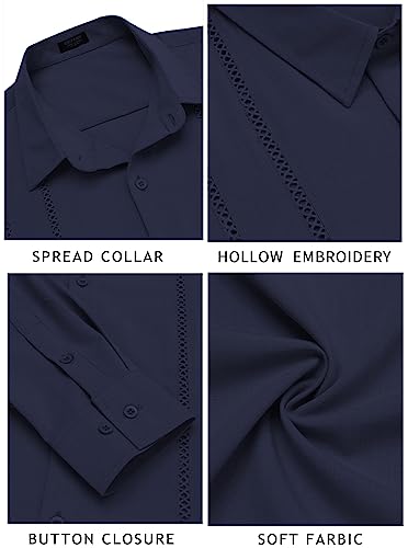 COOFANDY Men's Cuban Guayabera Shirts Casual Long Sleeve Button Down Shirt Summer Beach Tops Navy Blue