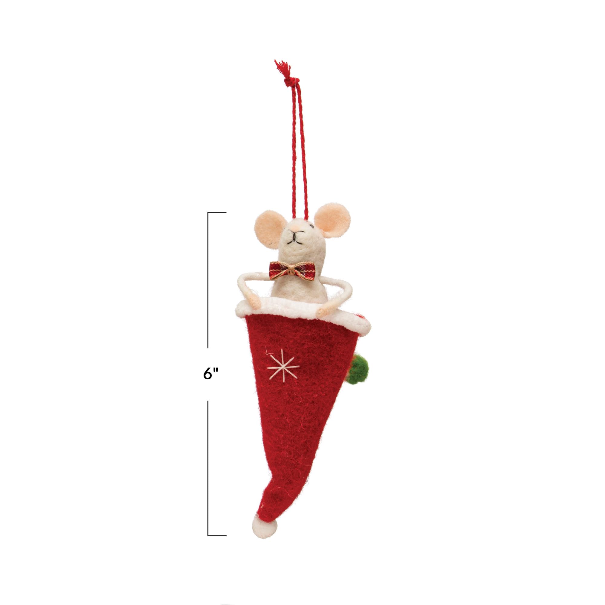Creative Co-Op Wool Felt Mouse in Hat with Bowtie Ornament, Red, White and Green