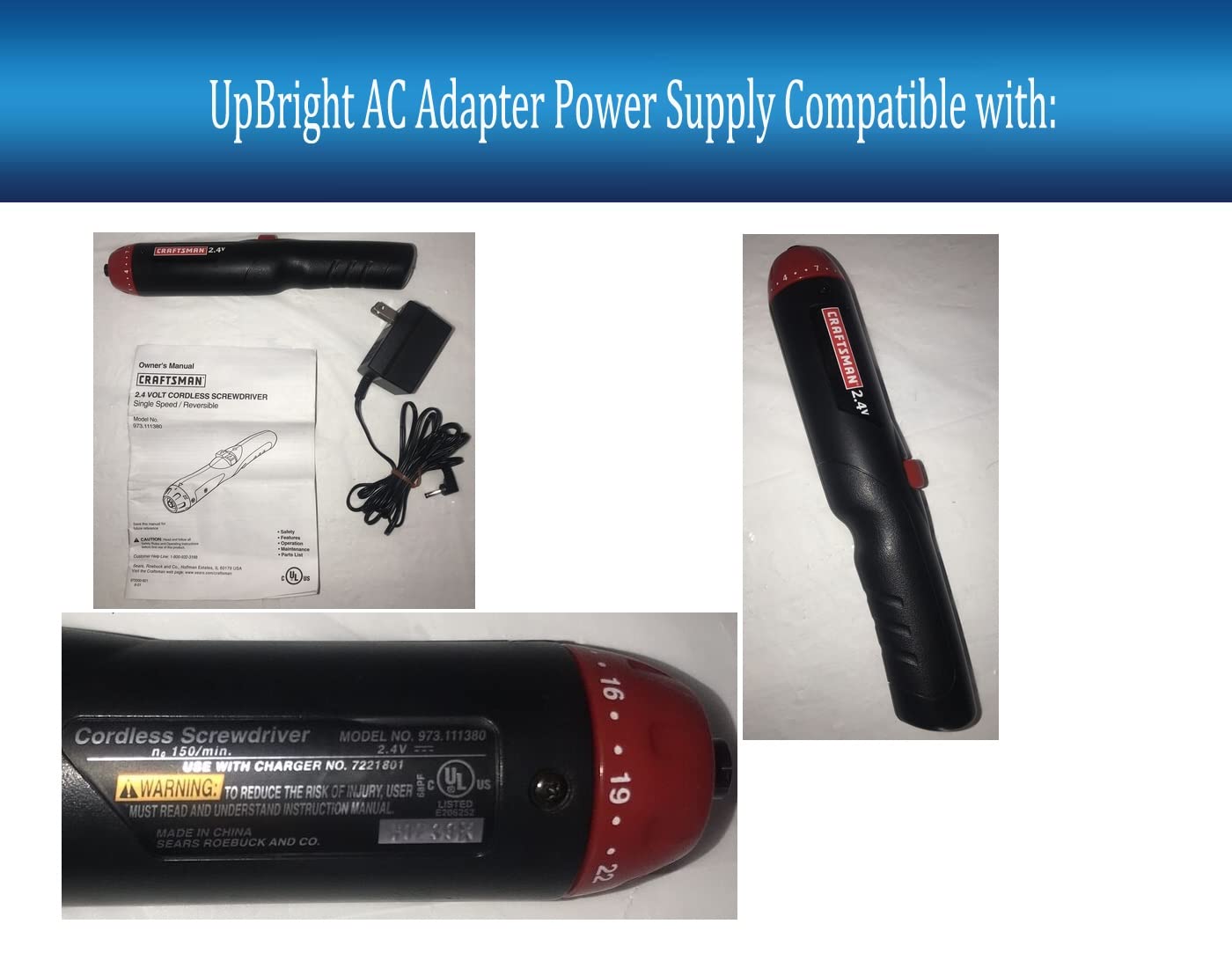UpBright 3V - 5V AC/DC Adapter Compatible with Craftsman 973.111380 2.4V 973111380 Sears Cordless Screwdriver Screw Driver Drill Battery Charger No. 7221801 3VDC 160mA Class 2 Transformer Power Supply