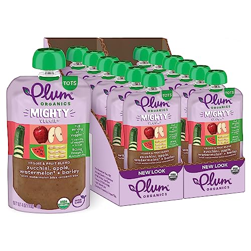Plum Organics | Mighty Veggie Blends | Organic Baby Food Meals [12+ Months] | Zucchini, Apple, Watermelon & Barley | 4 Ounce Pouch (Pack Of 12)