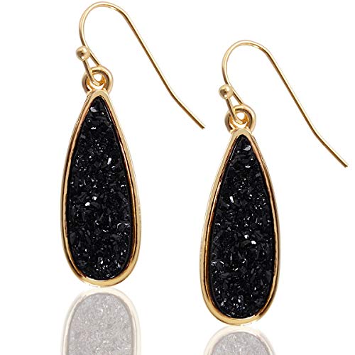 Humble Chic Simulated Druzy Drop Dangles - Sparkly Long Teardrop Dangly Earrings for Women, Gold - Black Stone
