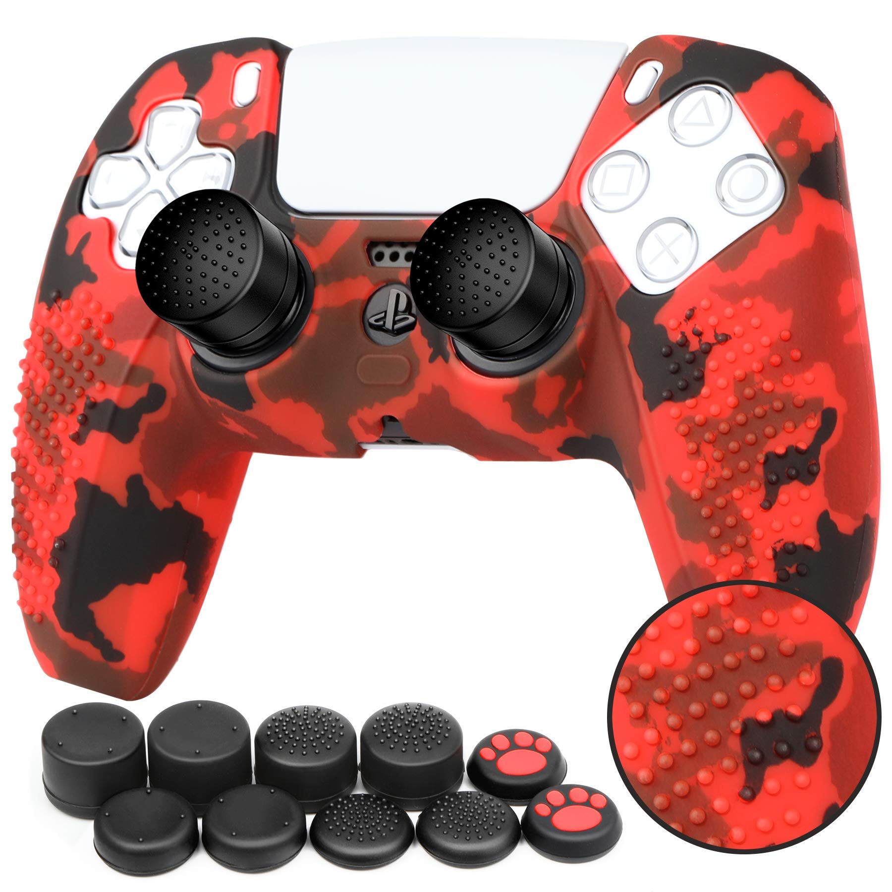 Benazcap Silicone Skin Accessories for PS5 DualSense Wireless Controller Grip Case with Anti-Slip Silicone Dustproof Protective, PS5 Controller Skin x 1, with Thumb Grip x 10 - Red Camouflage