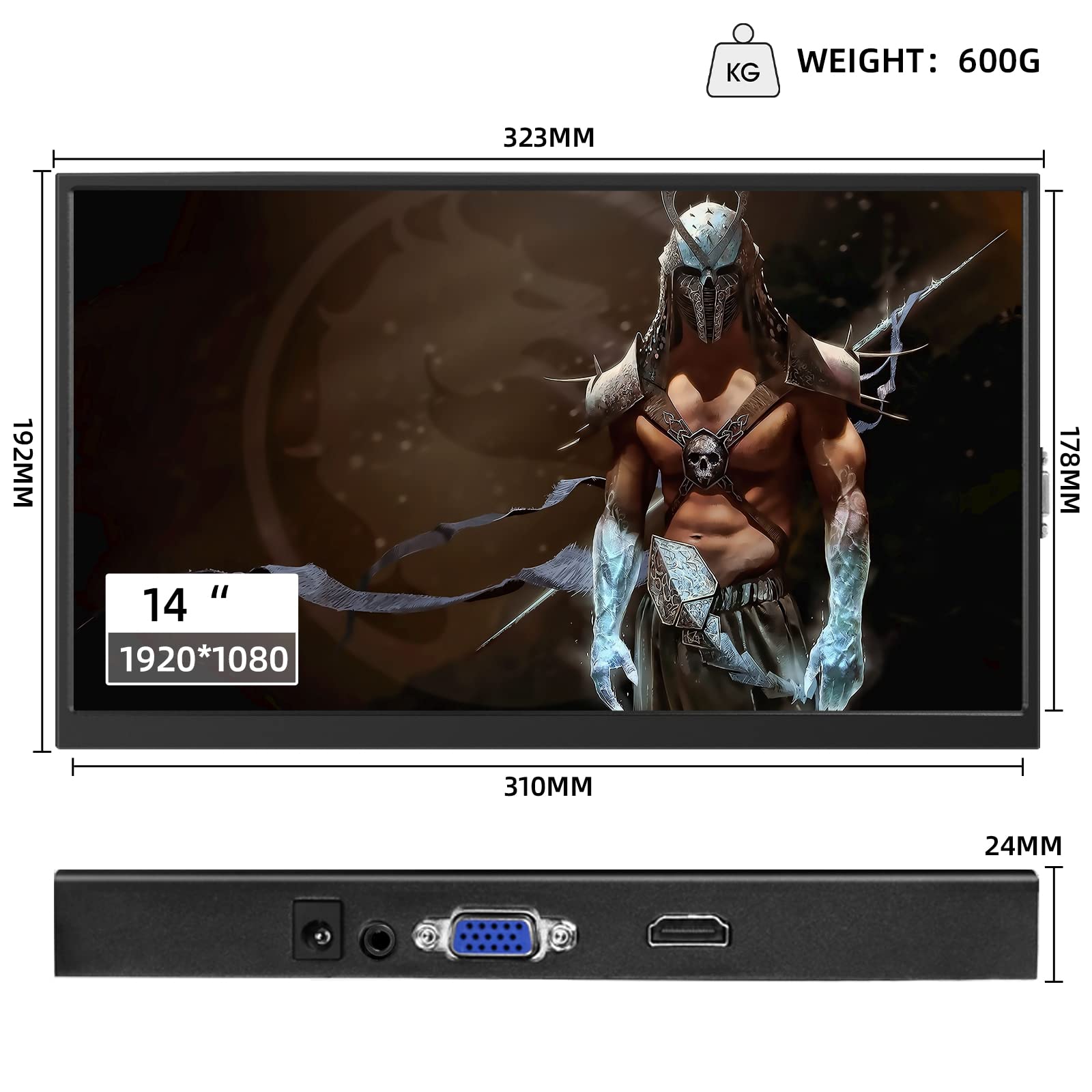 Bnztruk 14 Inch Portable Monitor 1920x1080 Full HD IPS Screen Display with HDMI & VGA Port for Raspberry Pi, Laptop, PC, MacBook, Xbox, PS3,PS4,60HZ,5ms, PC 16:9 External Display