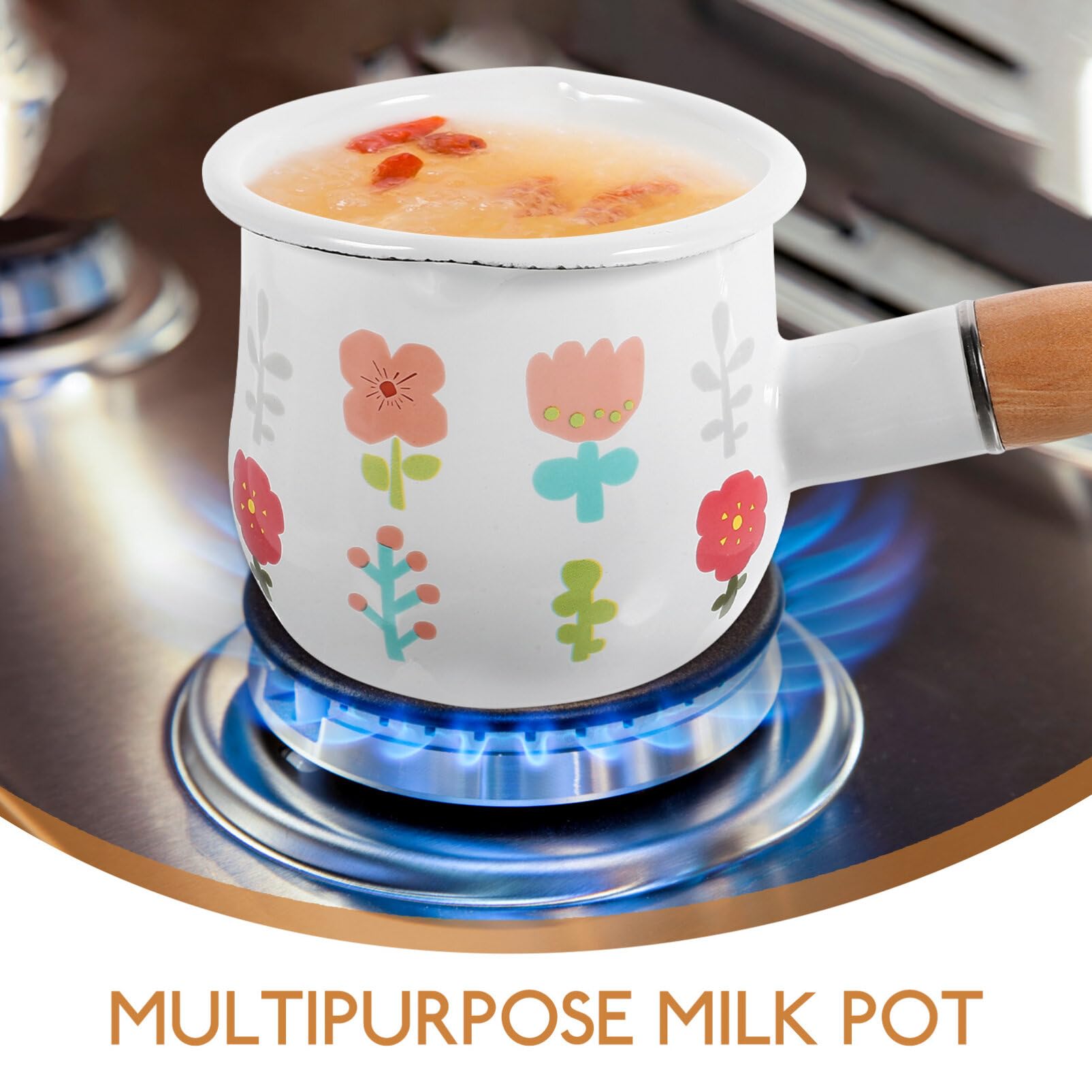 MAGICLULU Enamel Milk Pan, Mini Butter Warmer Milk Pot Enameled Saucepan Small Enamelware with Wooden Handle for Heating Milk Melting Butter Boiling Water