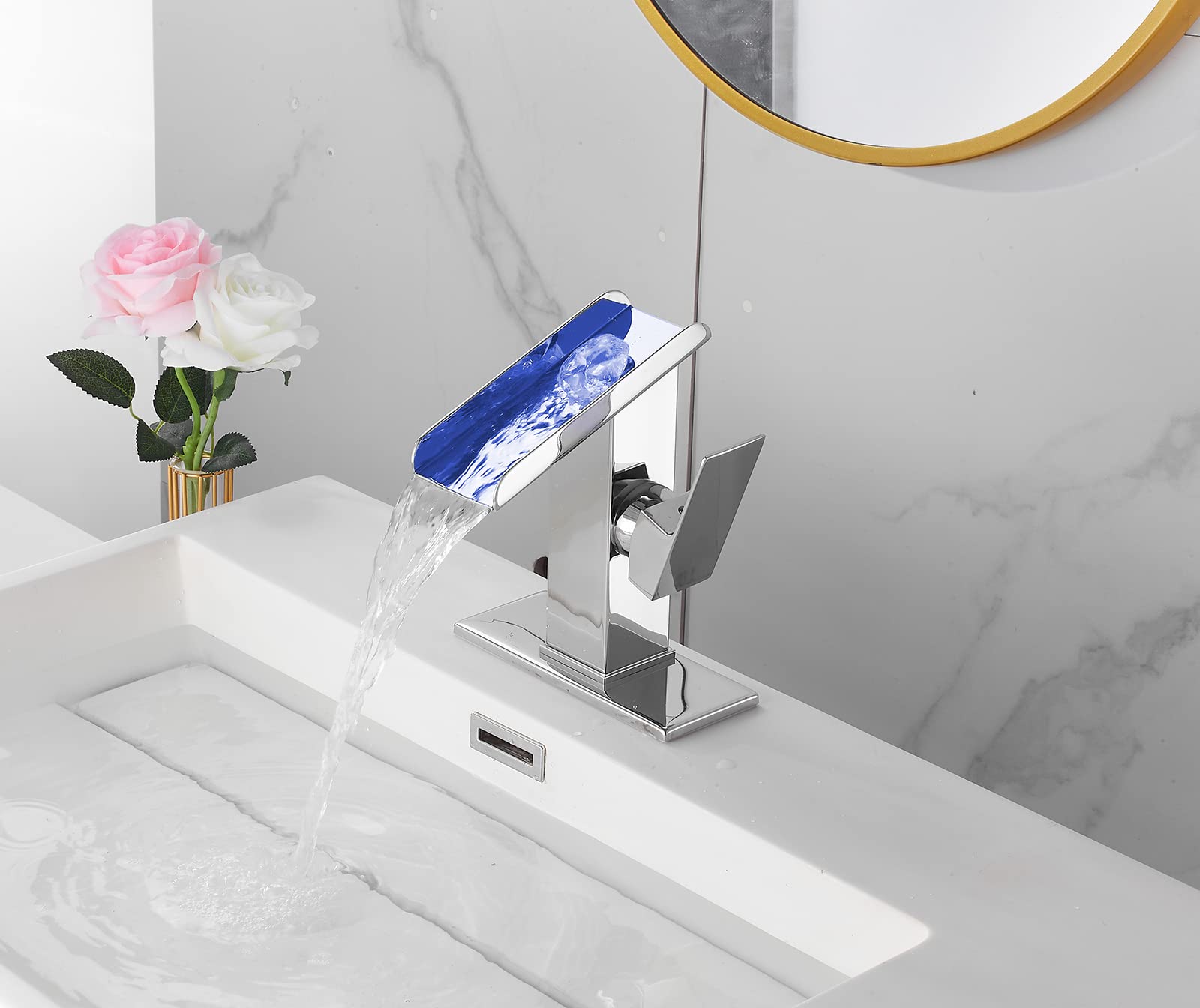 Chrome Bathroom Sink Faucet One Hole LED Waterfall Spout RGB 3 Colors Light Changing Lavatory Vanity Faucets Brass Single Handle Modern Washbasin Bath Tap Include Plates to Cover Holes Residential