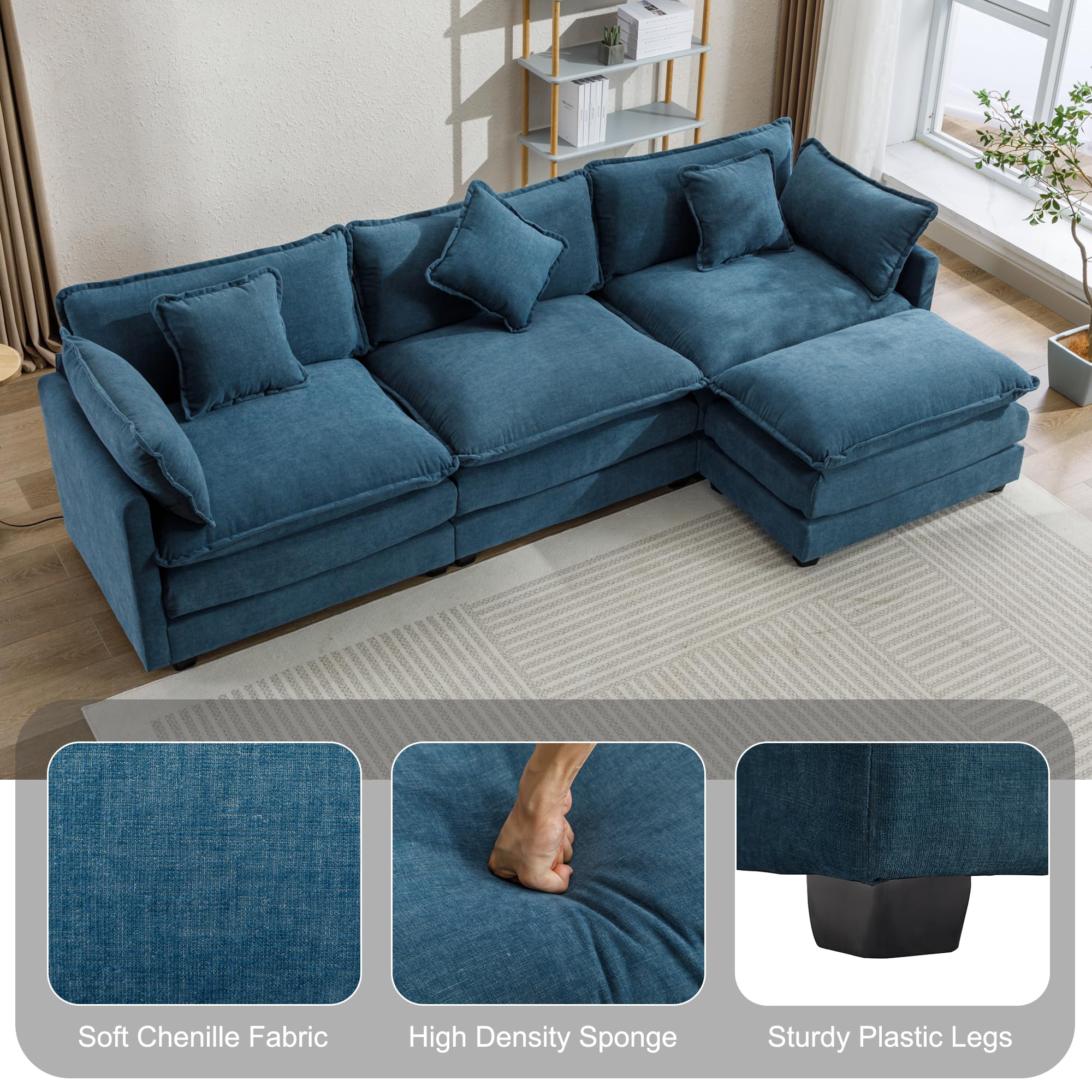 GNIXUU 111.4" Oversized Chenille L Shaped Sectional Sofa Couch, Modern Large Cloud Sectional Couch Set with Ottoman, Comfy Overstuffed Modular Sofa Sleeper for Living Room, Apartment(Gray)