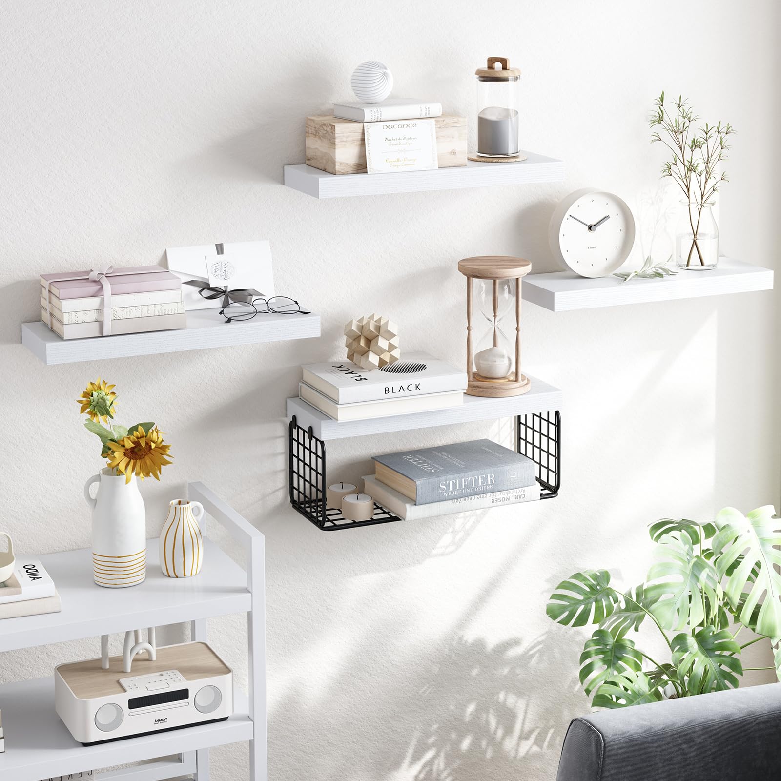 Fixwal Bathroom Floating Shelves, 4+1 Tier 15.7in Rustic Wood Wall Shelf Over Toilet with Invisible Brackets, Farmhouse Wall Decor (Gray)