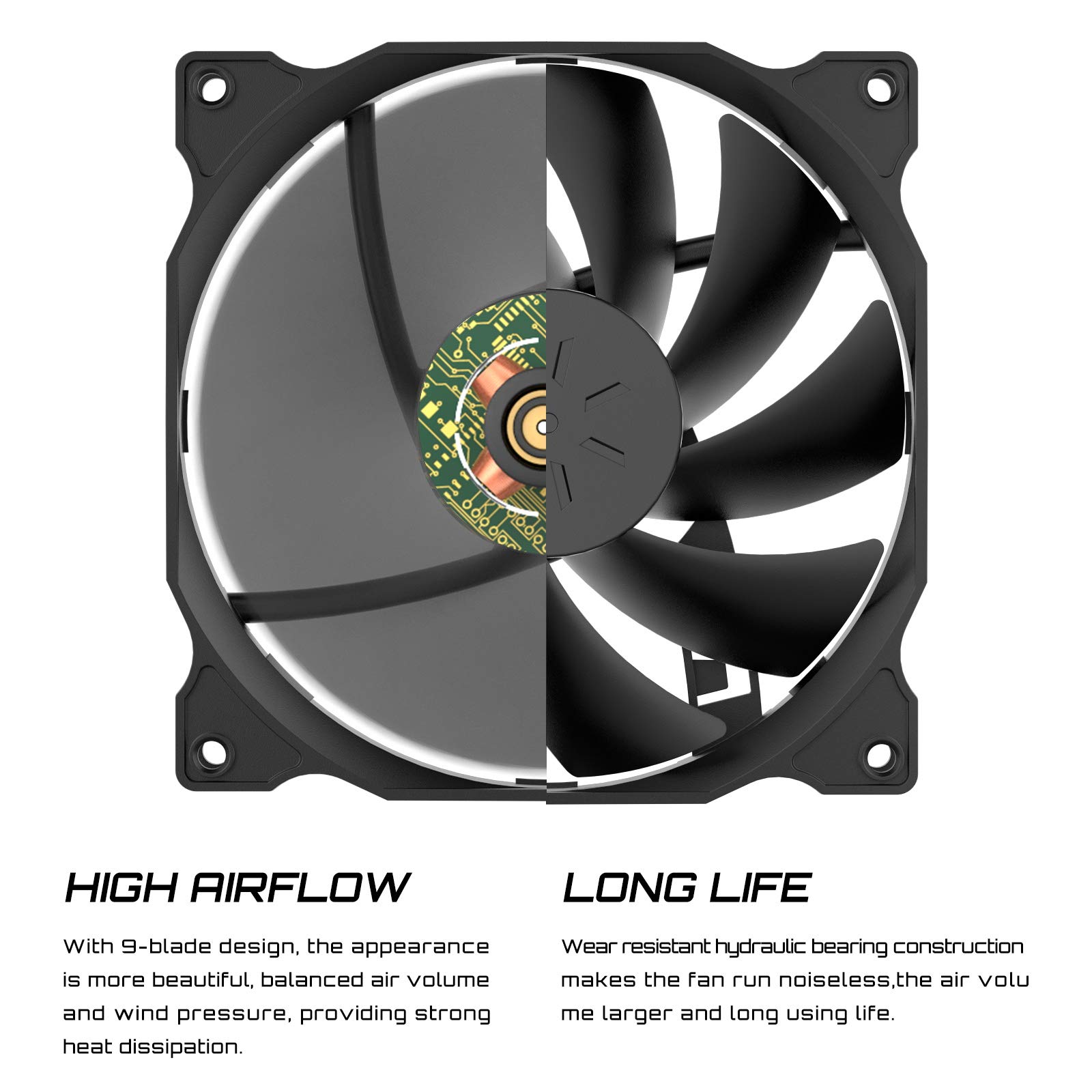 uphere 3-Pack Long Life Computer Case Fan 120mm Cooling Case Fan for Computer Cases Cooling,12BK3-3